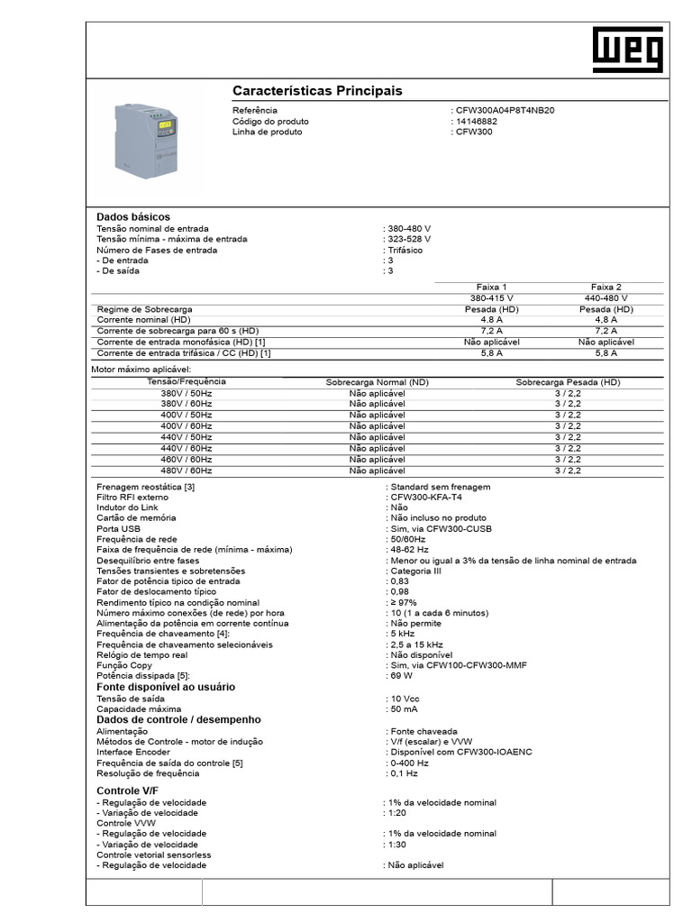 Ficha Técnica - Inversor Weg Cfw300a04p8t4nb20 | PDF