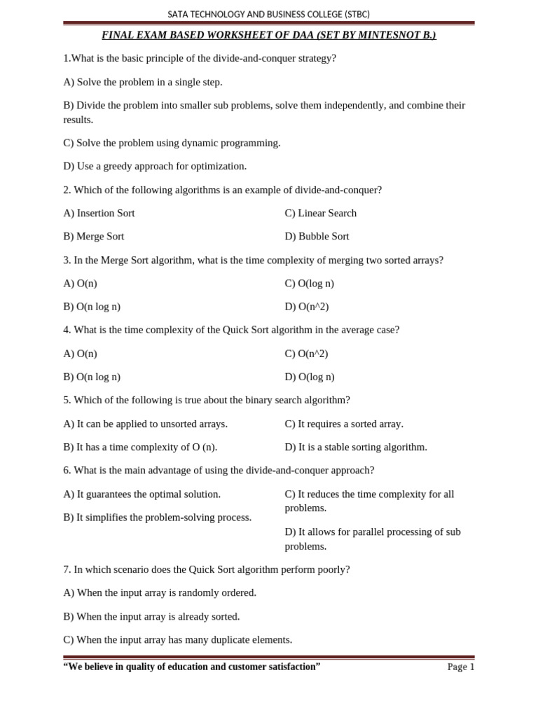 Exam Based Worksheet DAA | PDF