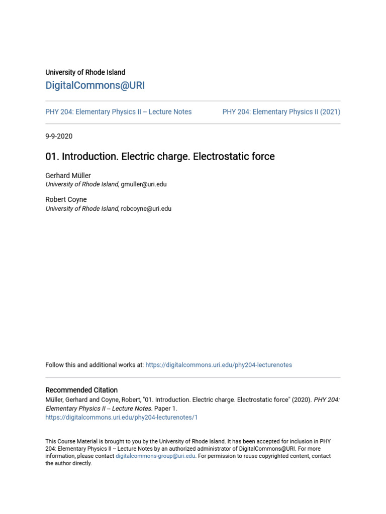 Introduction. Electric Charge. Electrostatic Force | PDF
