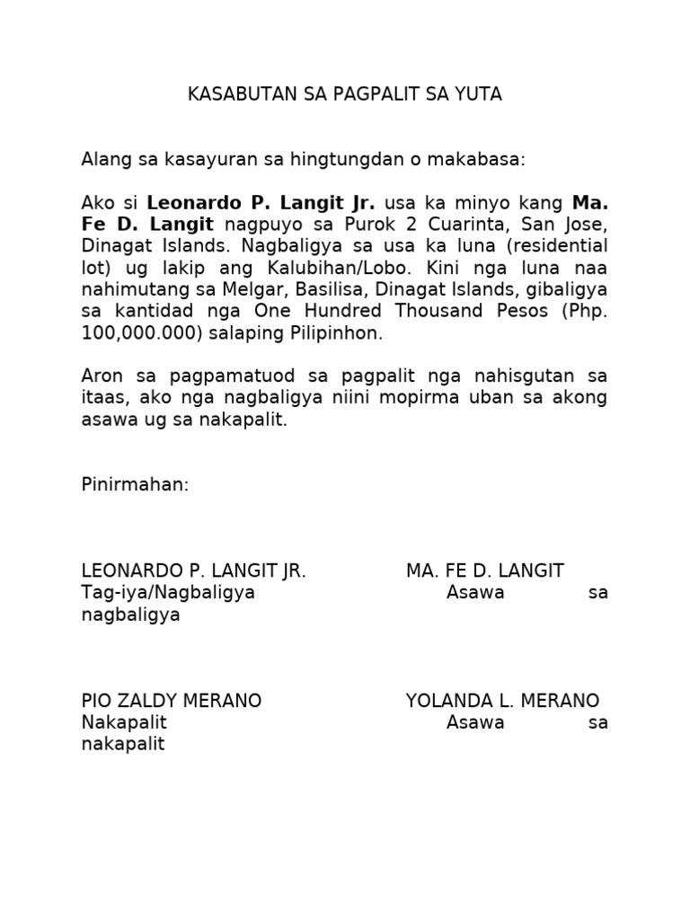 Kasabutan Sa Pagpalit Sa Yuta | PDF