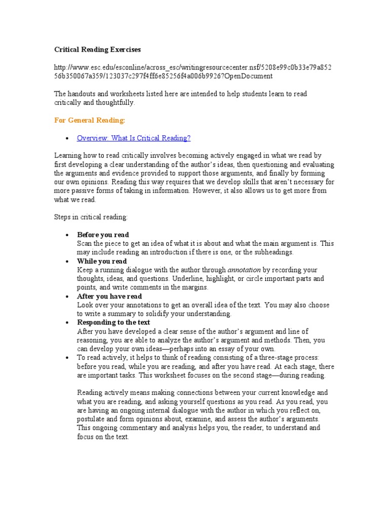 Critical Reading Exercises | PDF | Reading (Process) | Argument