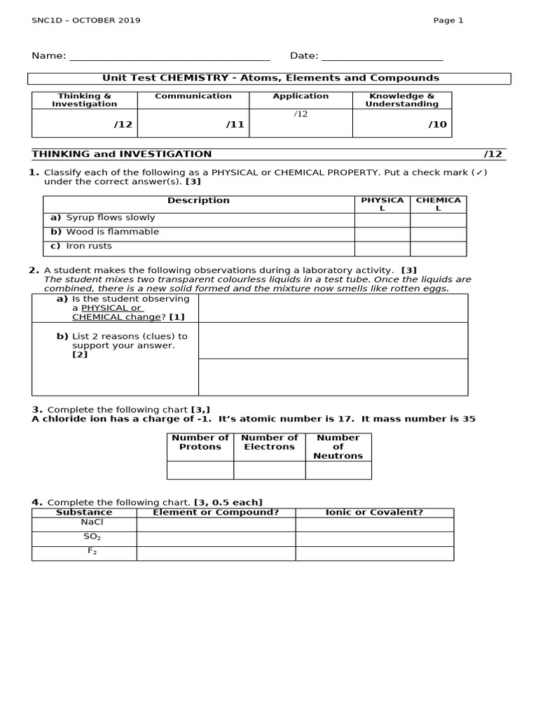 SNC1D Chemistry Test W22 | PDF