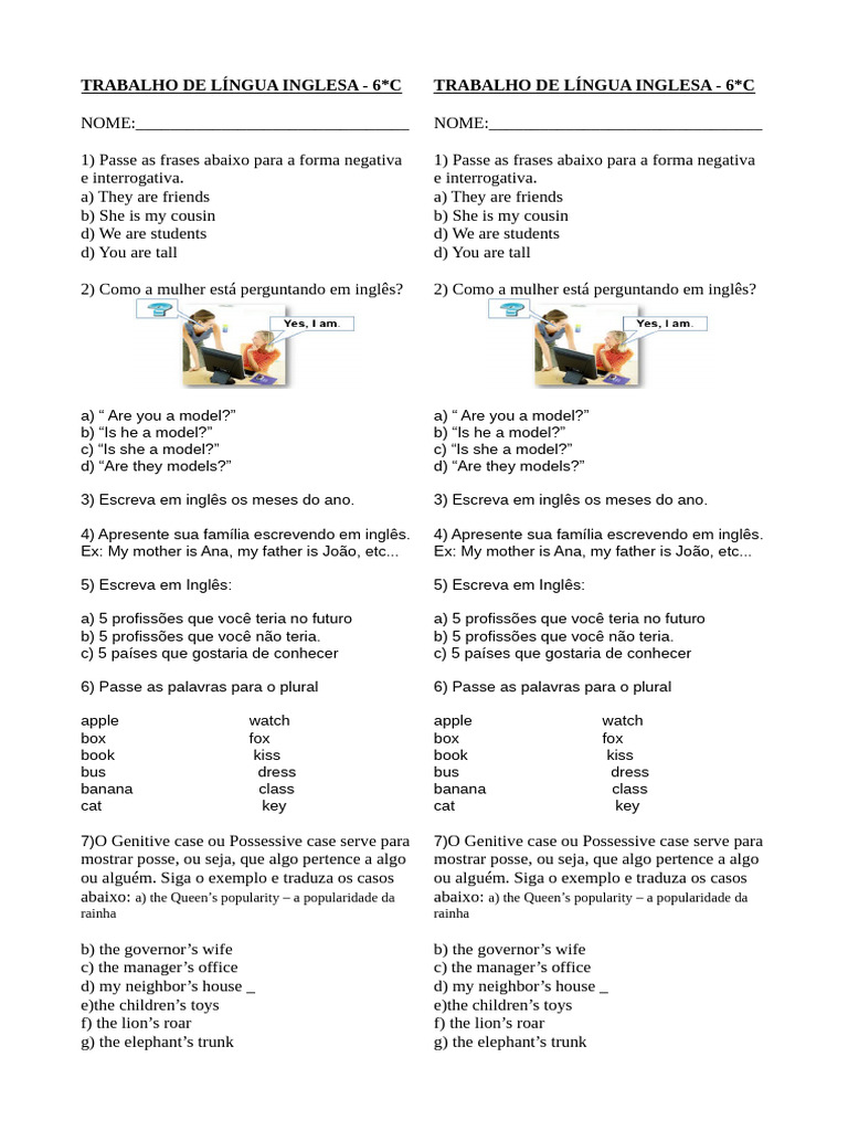 Trabalho de ingles 6 ano | PDF