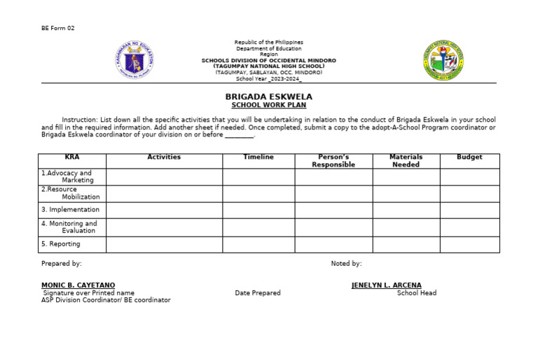 BE Form 2 SCHOOL WORK PLAN 1 | PDF