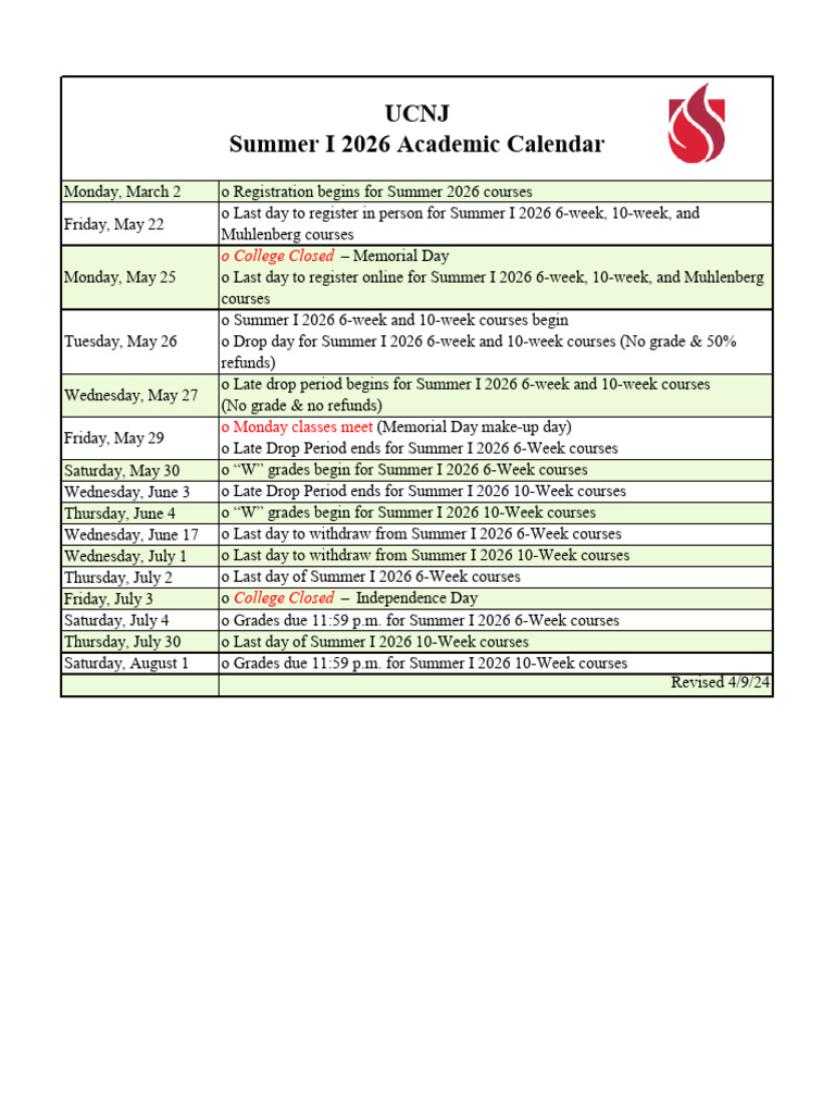Summer I 2026 Academic Calendar | PDF