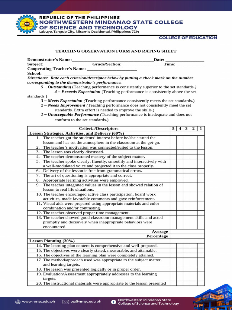 Practice Teaching Observation Demo Evaluation Form | PDF