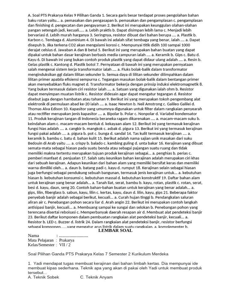 Soal PTS 2 Prakarya KLS 9 | PDF