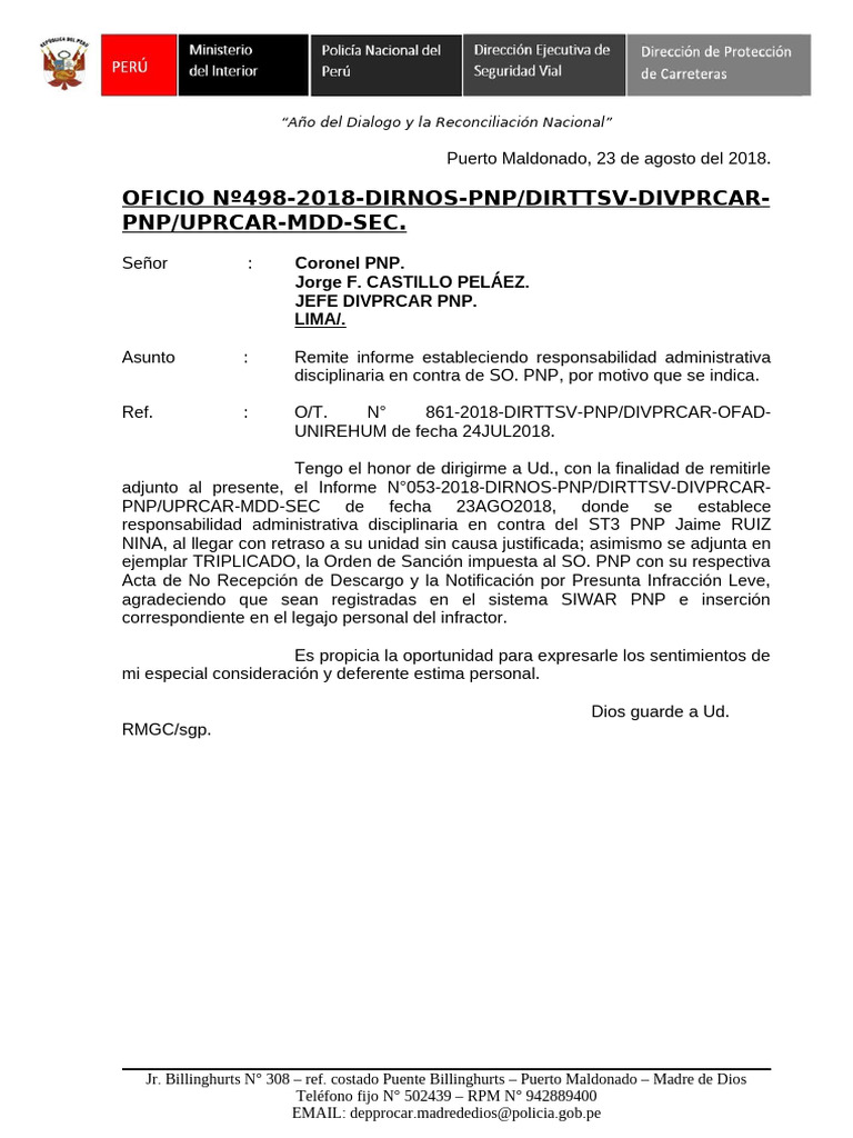 OFC. e INFORME DIVPRCAR PNP - REMITE ORDEN DE SANCION DEL ST3 PNP RUIZ ...