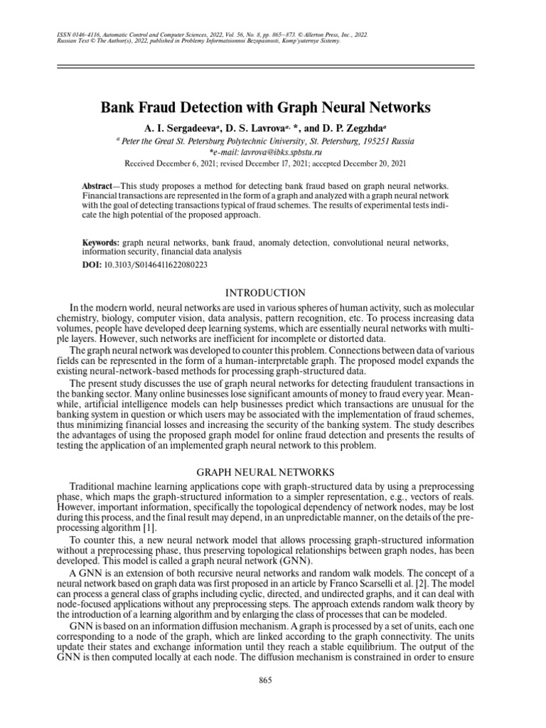 Bank Fraud Detection With Graph Neural Networks: A. I. Sergadeeva, D. S ...