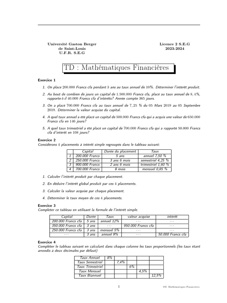 TD de Maths FinanciÃ Res Licence 2 | PDF