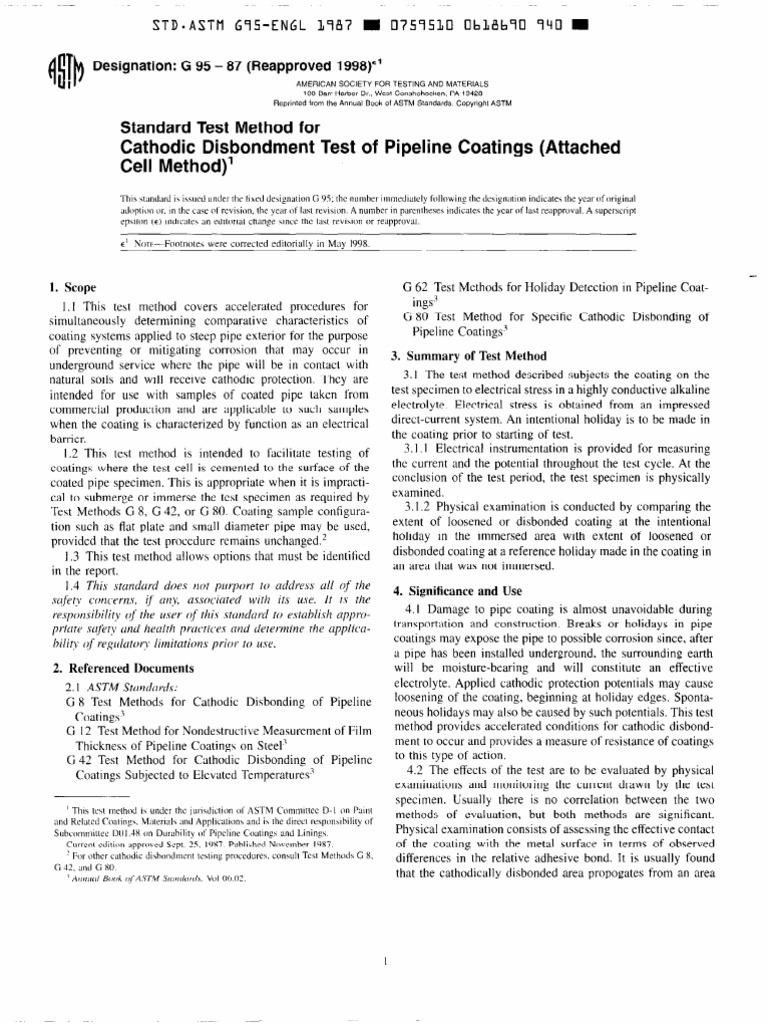 Standard Test Method For Cathodic Disbondment Test of Pipeline Coatings ...
