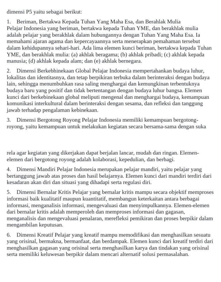 Dimensi P5 Yaitu Sebagai Berikut | PDF