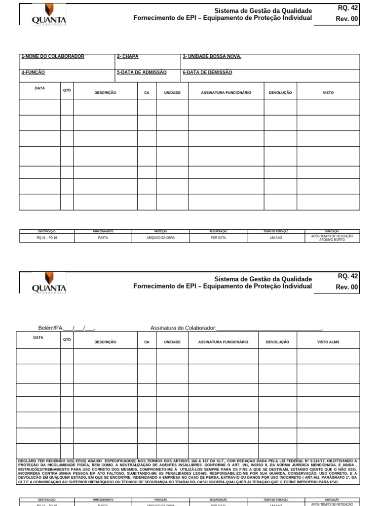 Rq.42 - Po 10 - Ficha de Epi's | PDF