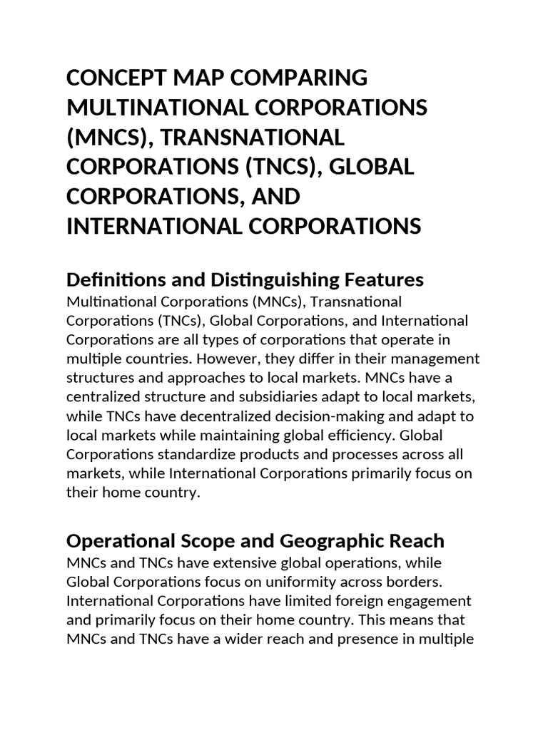 Concept Map Comparing Multinational Corporations (MNCS), Transnational ...
