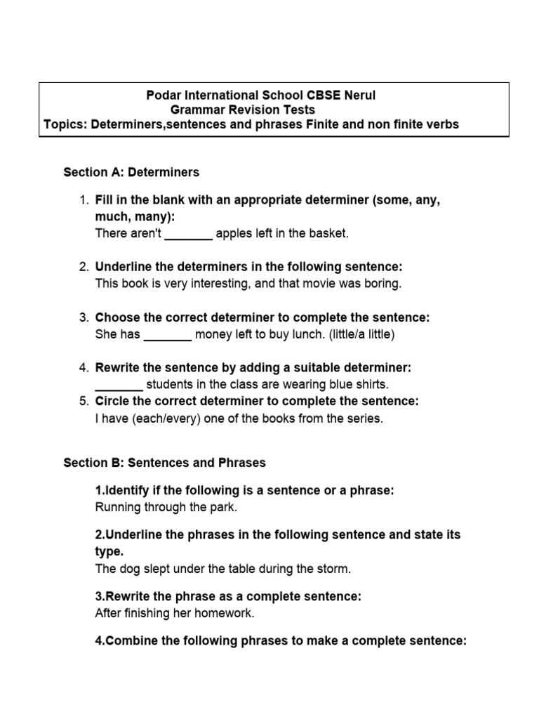 .Determiners, Sentences and Phrases Finite and Non Finite Verbs Grade 7 ...