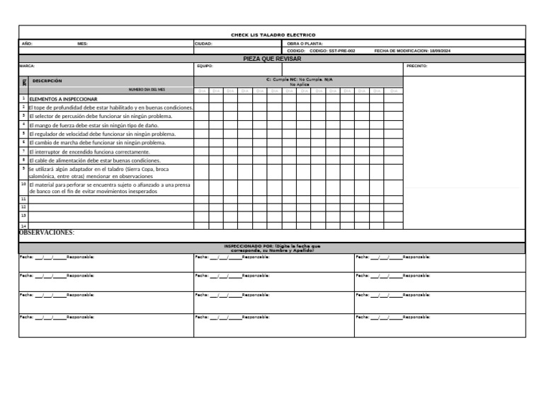 SST-PRE-002 Check - List - Taladro Electrico | PDF SST-PRE-002 Check - List - Taladro Electrico | PDF