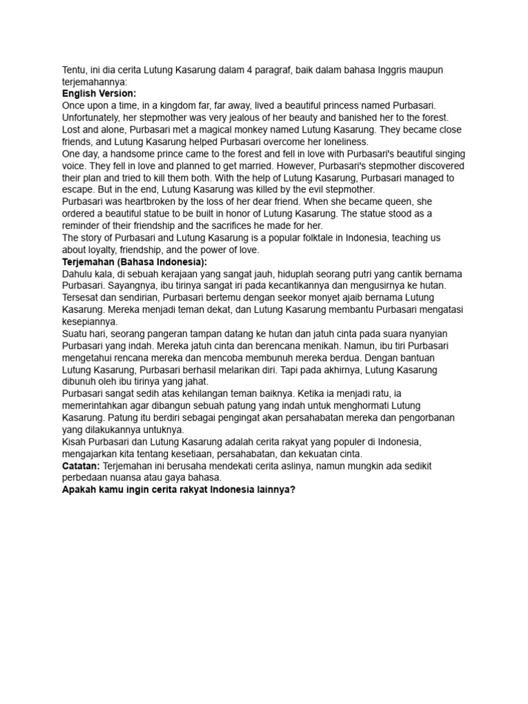 Cerita Lutung Kasarung 4 Paragraf Bahasa Inggris D.. | PDF