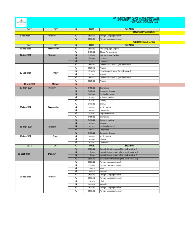 Grade10 - Term III Timetable | PDF