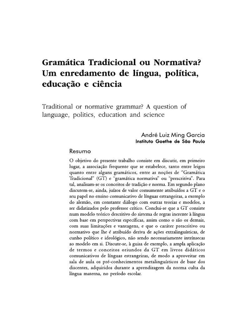 Gramática Tradicional Ou Normativa - Um Enredamento Da Língua | PDF