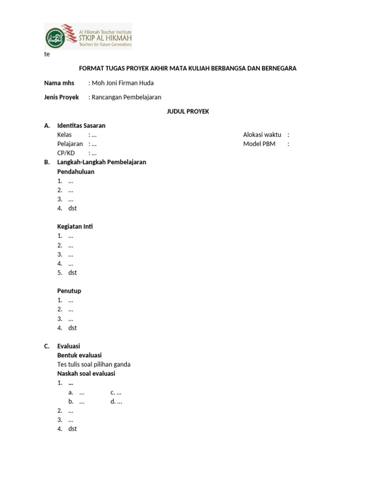 Format Tugas Proyek Akhir Mata Kuliah Berbangsa Dan Bernegara | PDF
