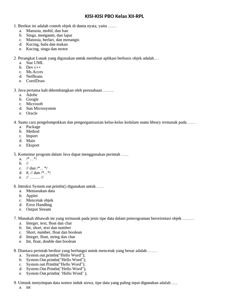 Kisi-Kisi Pbo Kelas Xii-Rpl | PDF