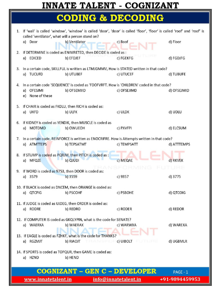 COGNIZANT - GEN C - CODING & DECODING | PDF