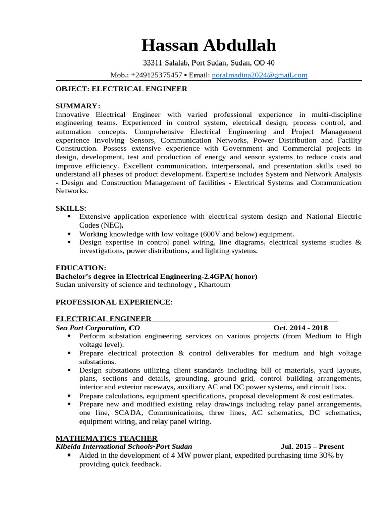 Electrical Engineer Resume Example | PDF | Electrical Substation | Art