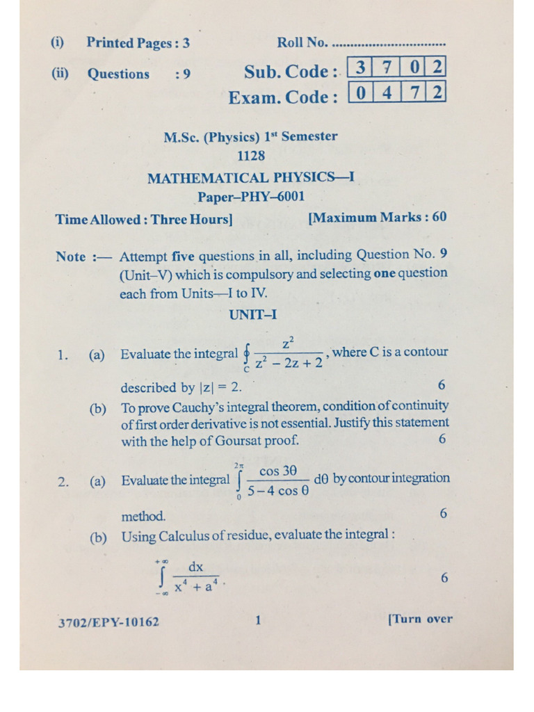 M.SC - Physics - 1st Sem - Mathematical Physics-I - Paper-PHY-6001 - Dec 2018 | PDF
