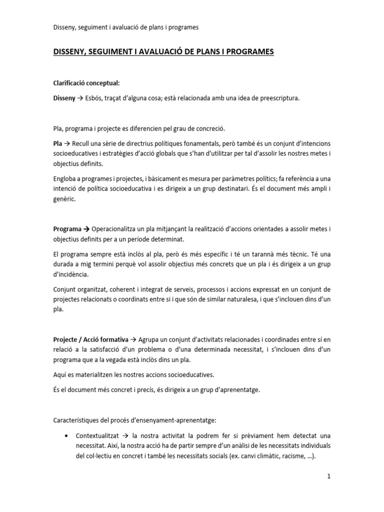 Apunts Disseny, Seguiment I Avaluació de Plans I Programes | PDF