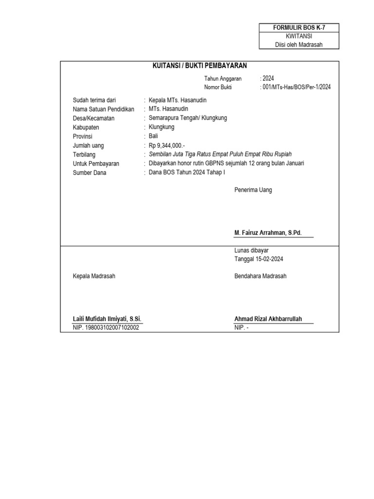 Formulir Bos K-7: Kuitansi / Bukti Pembayaran | PDF