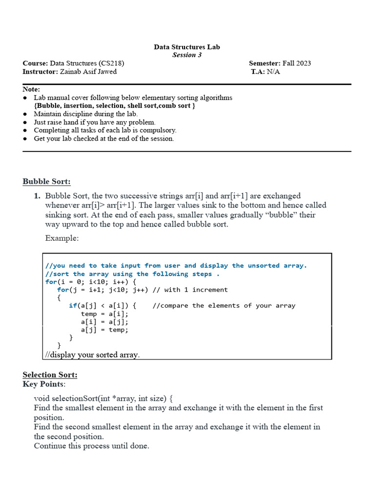DSA L3 (Sorting Algorithms) (Bubble, Insertion, Selection, Shell, Comb) | PDF