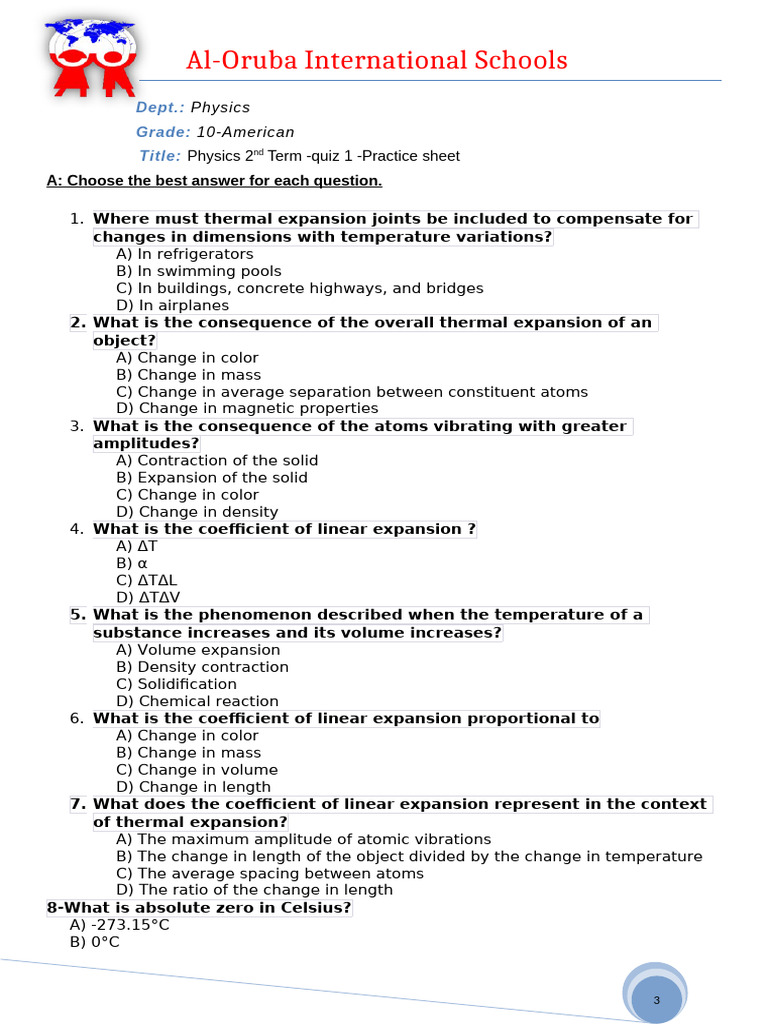 Physics - G 10-American-2nd Term-Quiz1 Practice Sheet | PDF