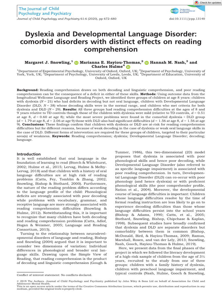 Snowling 2019 Dyslexia and Developmental Language Disorder Comorbid ...
