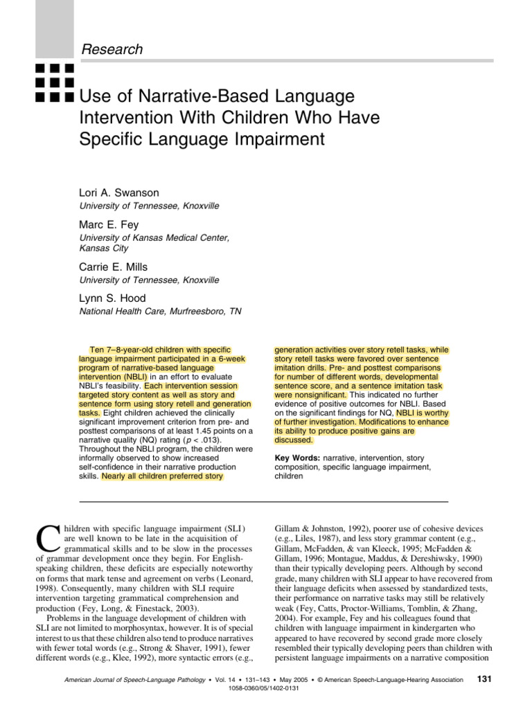 Swanson Et Al 2005 Use Narrative Language Intervention Children Sli | PDF