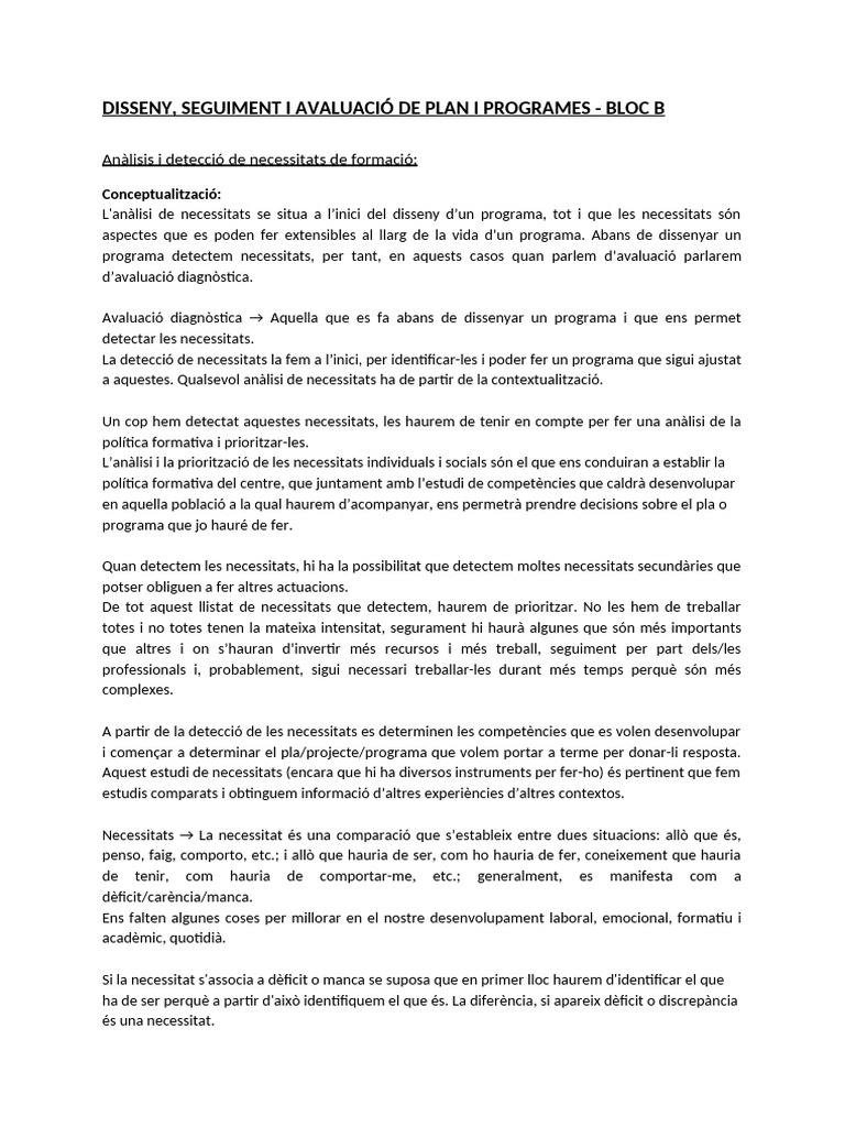 Apunts Disseny, Seguiment I Avaluació de Plans I Programes (Segon Trimestre) | PDF