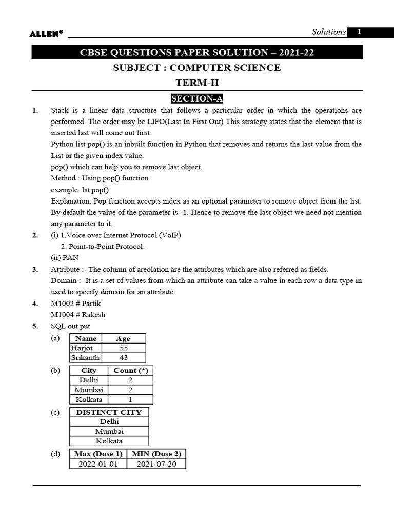 Computer Science Set 1 2022 Solution Pdf