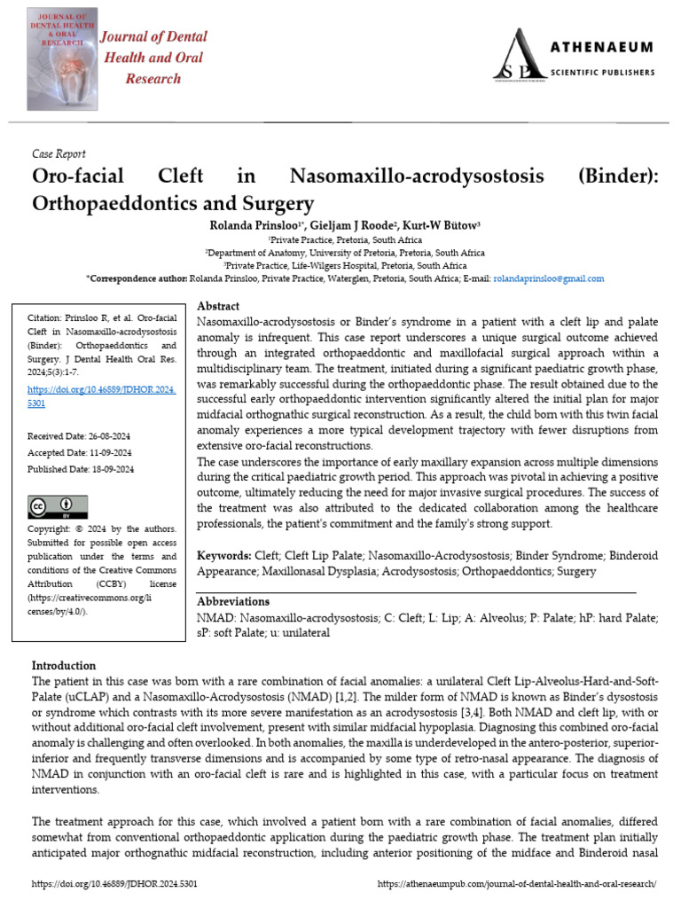 Oro Facial Cleft in Nasomaxillo Acrodysostosis Binder Orthopaeddontics ...