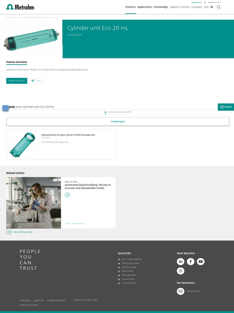 Cylinder Unit Eco 20 ML - Metrohm | PDF