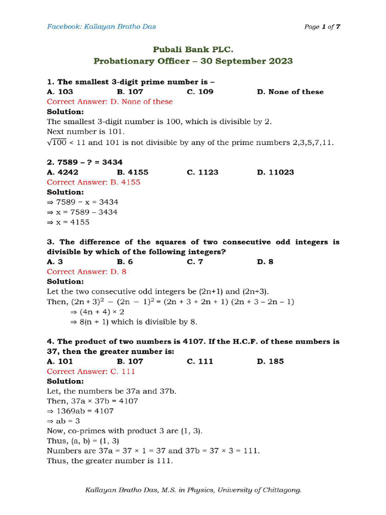 Bank Math Solve Post - 02 - Pubali Bank Probationary Officer Preli - 2023 | PDF