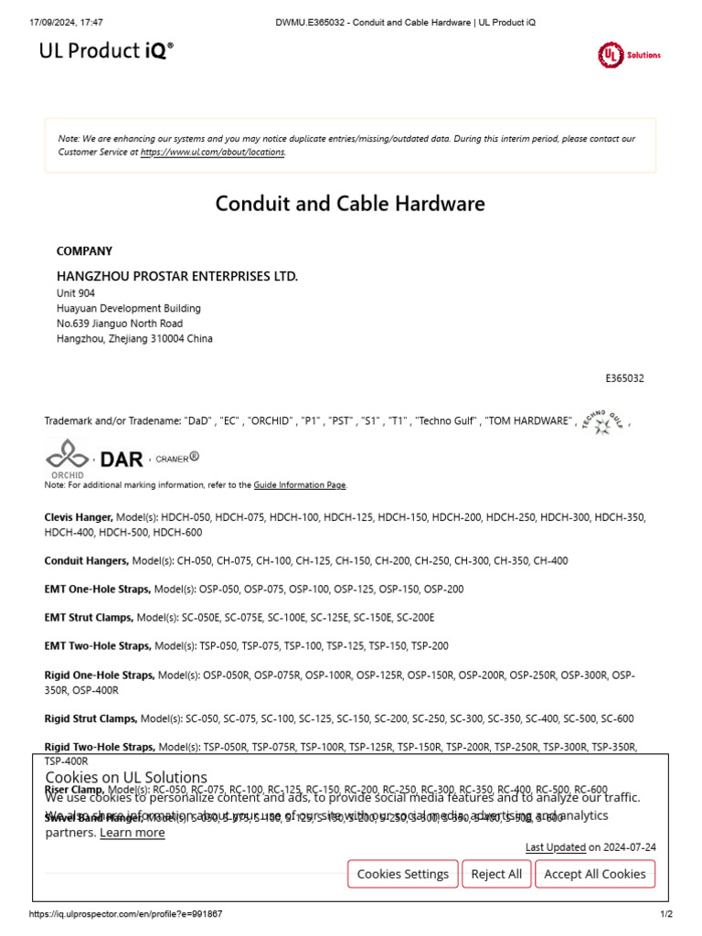 DWMU.E365032 - Conduit and Cable Hardware - UL Product Iq | PDF