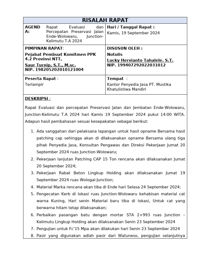 Notulen Rapat 19092024 Percepatan Preservasi | PDF