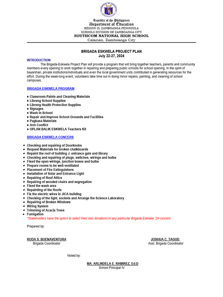 Brigada Eskwela 2024 - Project Plan | PDF