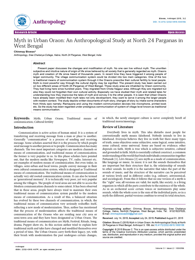 Myth in Urban Oraon - An Anthropological Study at North 24 Parganas in West Bengal | PDF