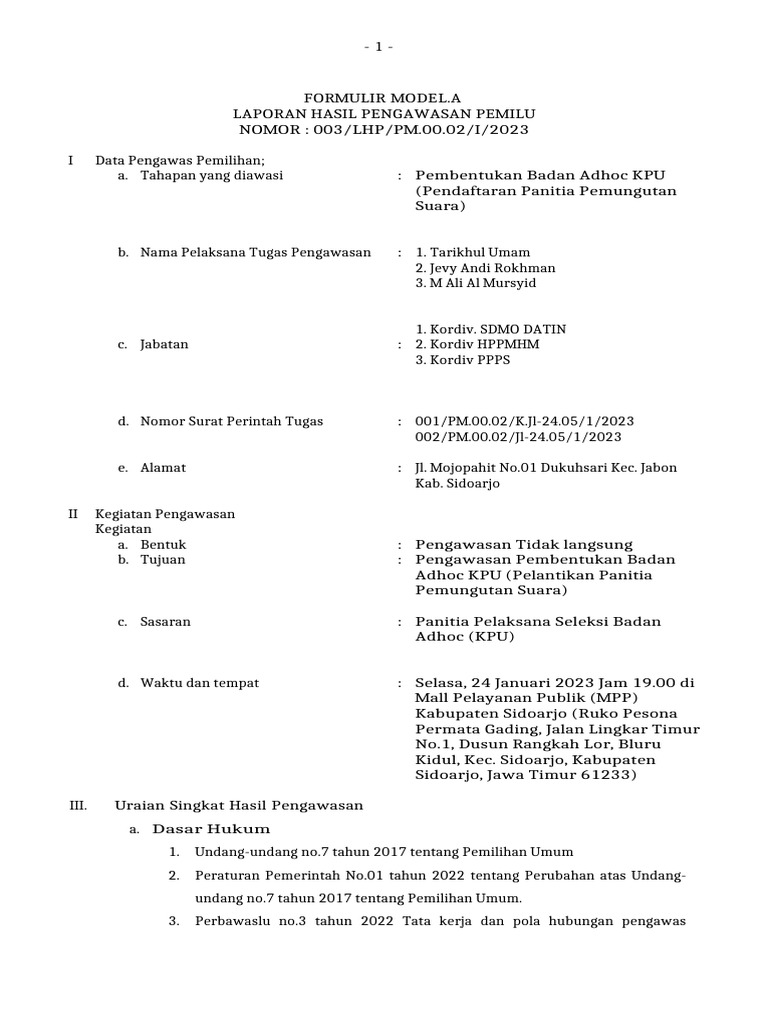 FORMULIR MODEL A TENTANG PENGAWASAN Pelantikan PPS | PDF