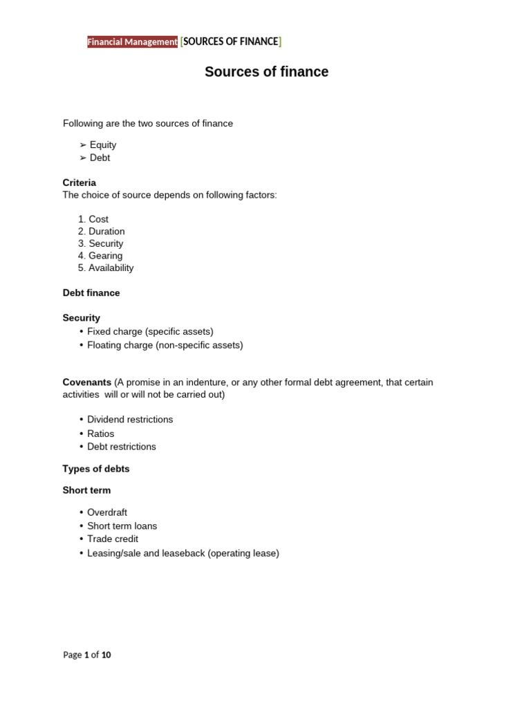Sources of Finance (Lecture Handouts) | PDF