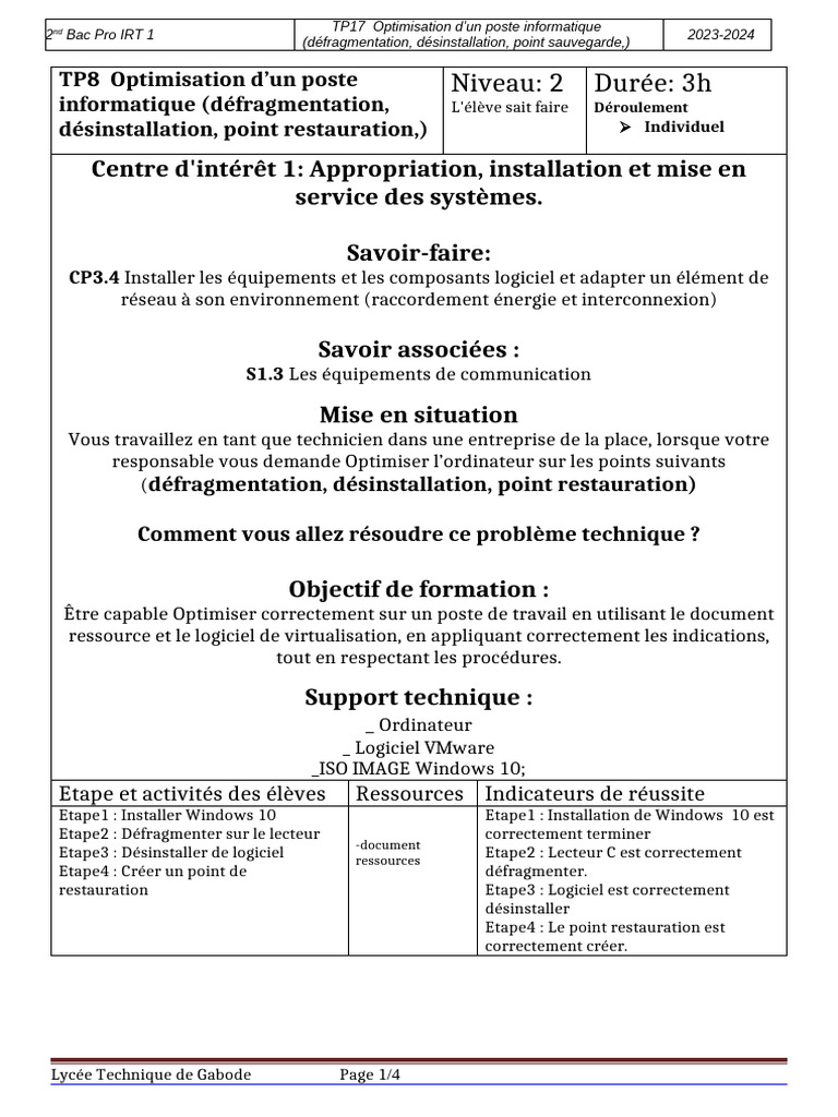 TP17 Optimisation D'un Poste Informatique (Défragmentation, Désinstallation, Point Sa | PDF