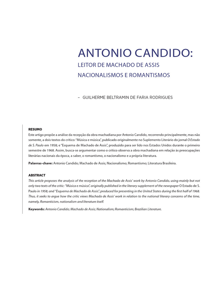 ANTONIO CANDIDO Leitor de Machado de Assis | PDF