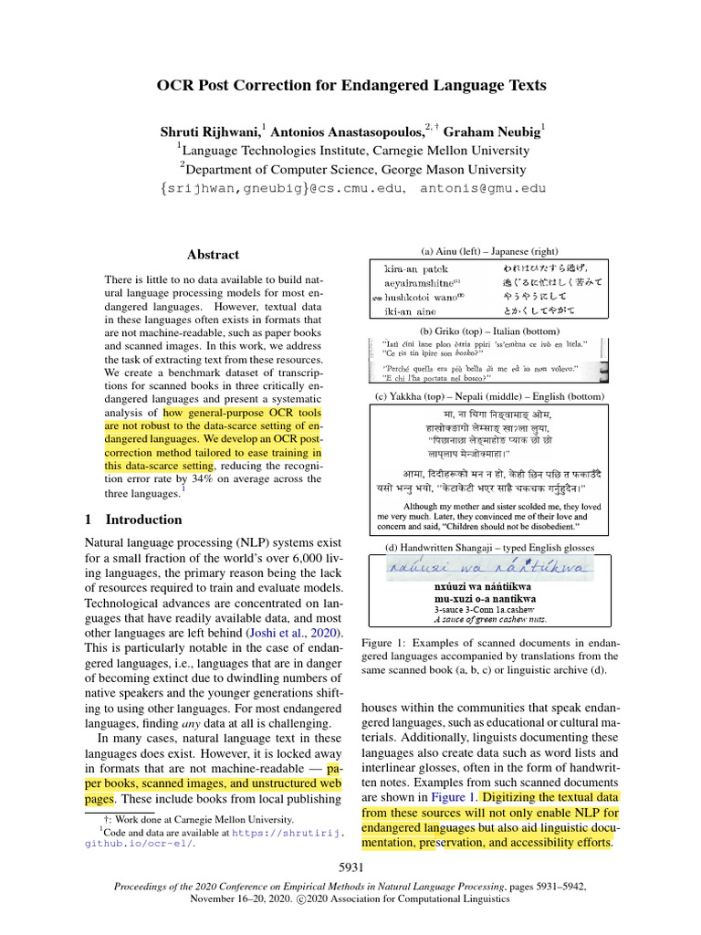 OCR Post Correction For Endangered Language Texts | PDF
