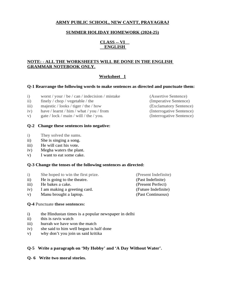 Class 6 English Holiday Homework 2024-2025 | PDF | Language Mechanics | Linguistics
