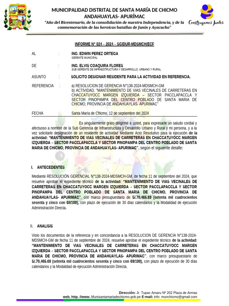INFORME N°024 - 2024-SGDUR-MDSMCH, Solicito Designar Residnete de Obra para ACTIVIDAD DE ...